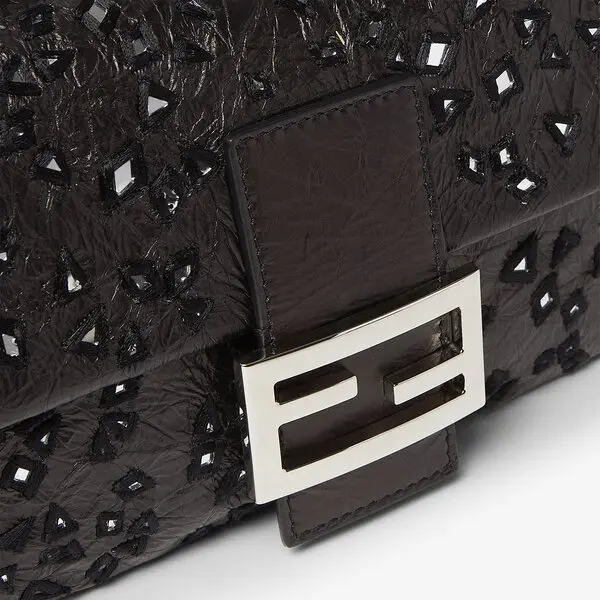 Fendi Baguette® 26424 Crackled Black Leather Bag With Wedge-shaped Mirrors